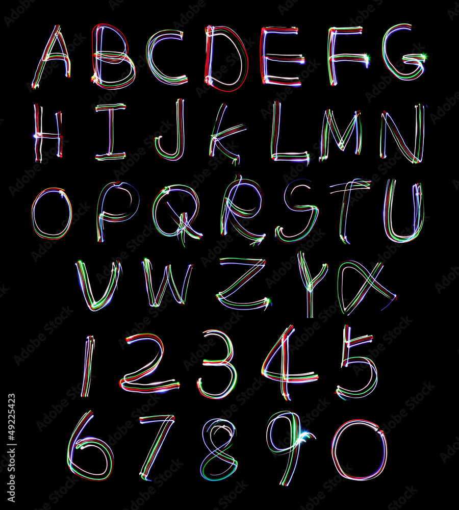 Light painting photograph of the alphabet and numbers 1 to 9 Stock ...