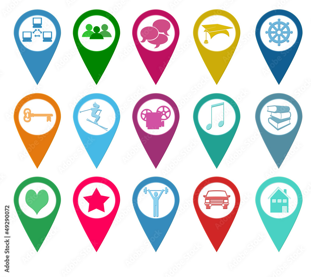 Set de iconos para marcadores en mapas con símbolos y colores Stock ...