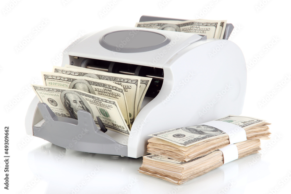 Machine for counting money and 100 dollar bills isolated Stock Photo ...