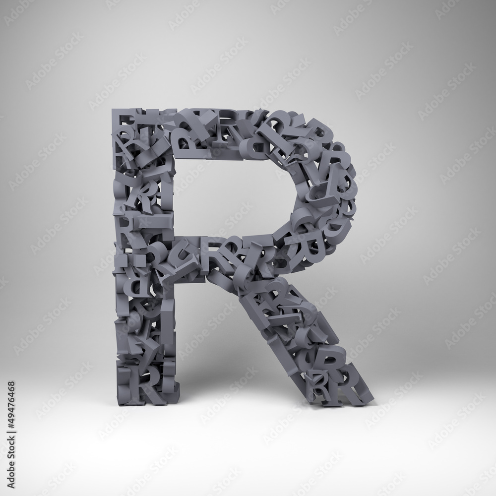 Letter R made out of scrambled small letters in studio setting ...