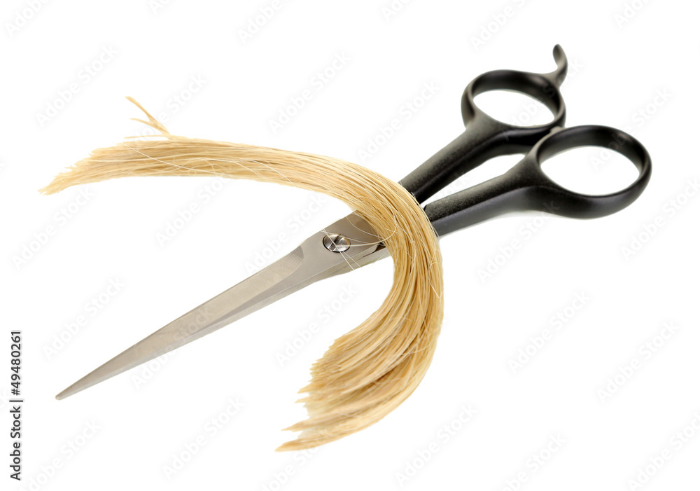 Pieces of hair cut with scissors isolated on white Stock Photo | Adobe ...