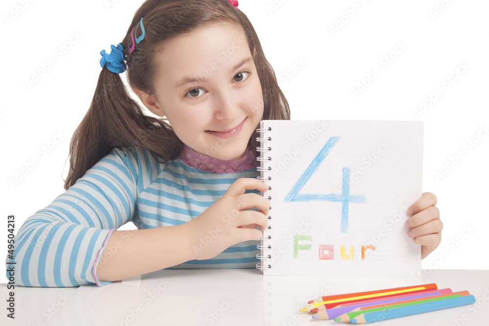 Beautiful girl showing number four Stock Photo | Adobe Stock
