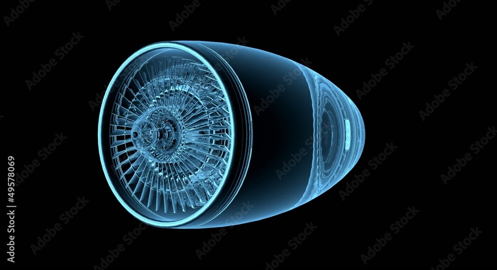 Jet engine (3D x-ray blue transparent isolated on black) Stock 비디오 ...