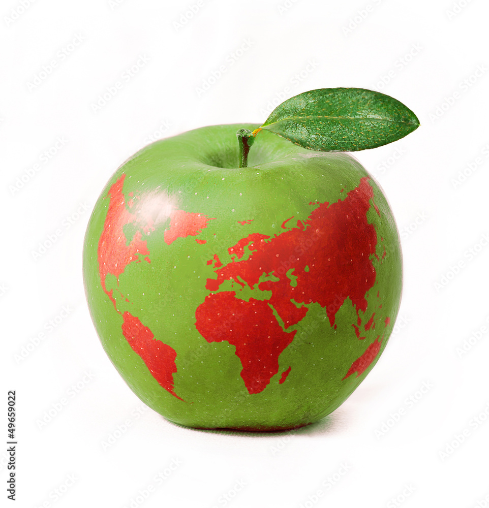 green apple with red world map, isolated on white background Stock ...