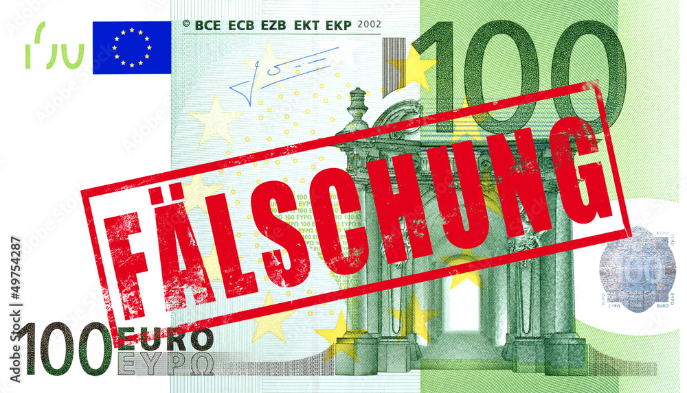 100 Euro Geldschein mit Stempel "Fälschung" Stock-Foto | Adobe Stock