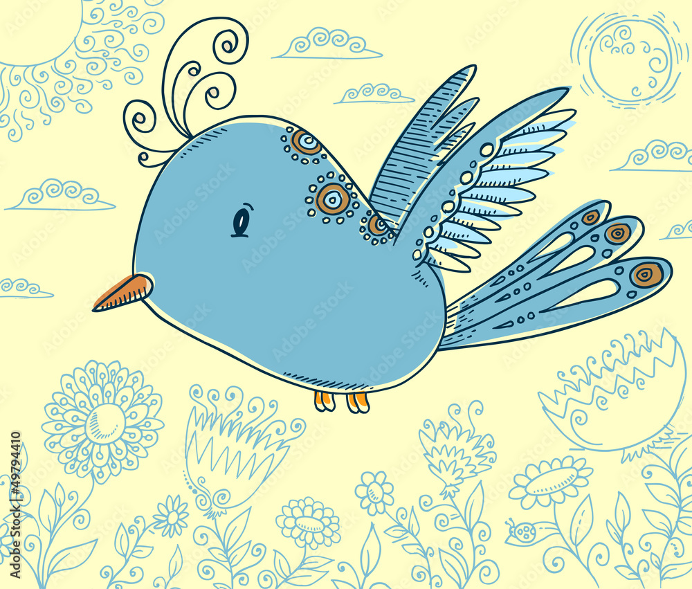 Doodle Blue Bird Vector Illustration Stock Vector | Adobe Stock