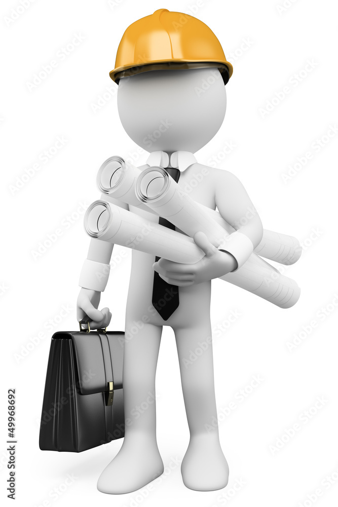 3D white people. Architect with plans Stock Illustration | Adobe Stock