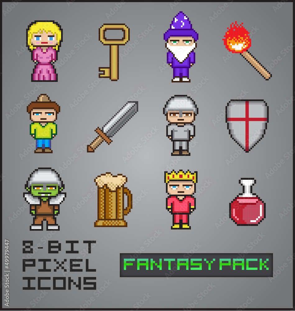 8 Bit Pixel Icons Fantasy Pack RPG Videogame Vector Stock Vector ...