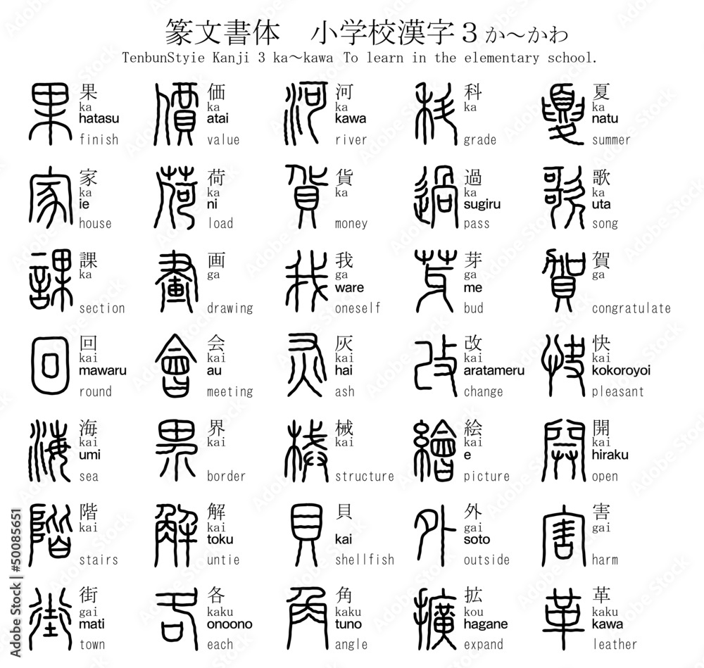 漢字 篆文書体 小学校 3 か～かわ Stock Vector | Adobe Stock