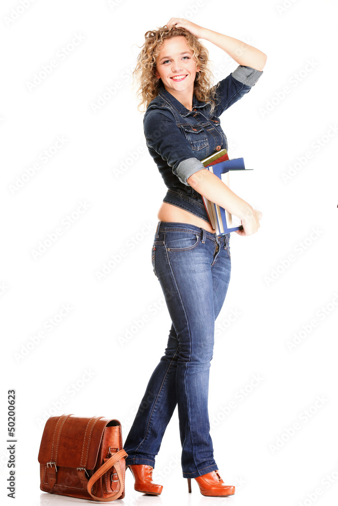 Beautiful young woman blonde standing full body in jeans isolate Stock ...