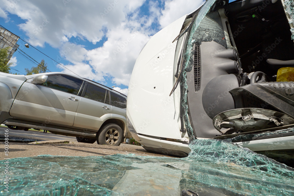 Damaged cars at accident place, view from low angle ภาพถ่ายสต็อก ...