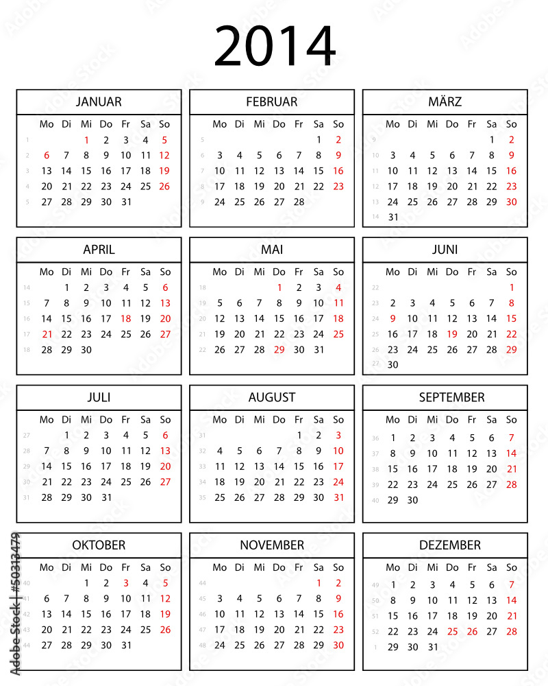 Jahreskalender 2014 mit Feiertagen und Kalenderwochen Stock ...