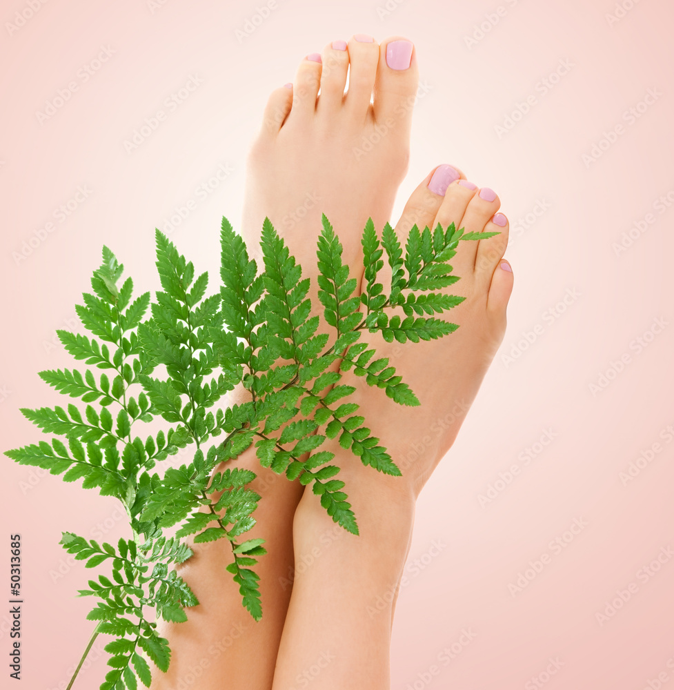 female feet with green leaf Stock Photo | Adobe Stock