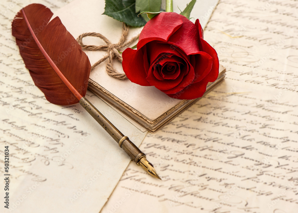 red rose flower, old letters and antique feather pen Stock Photo ...