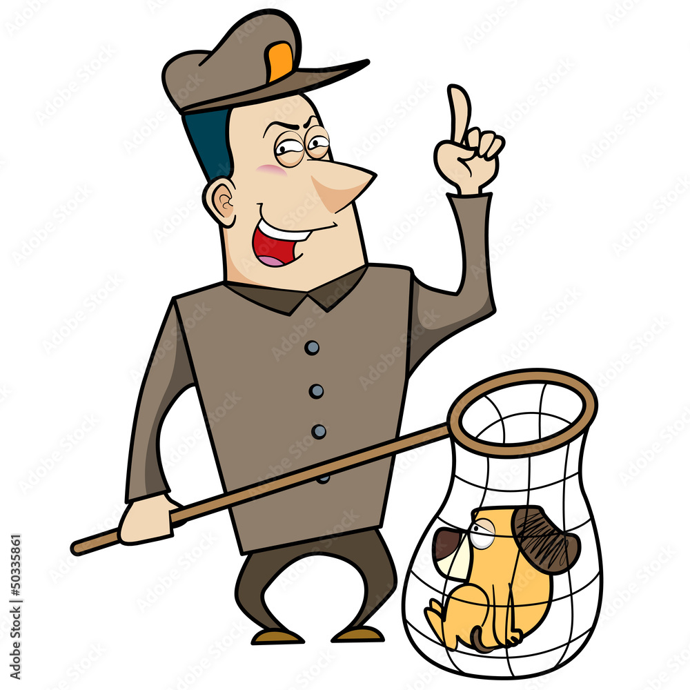 Cartoon Animal Control Officer with Dog in Net Stock Vector | Adobe Stock