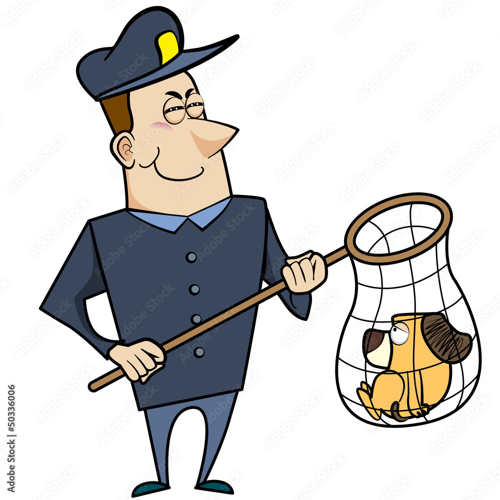 Cartoon Animal Control Officer with Dog in Net Stock Vector | Adobe Stock
