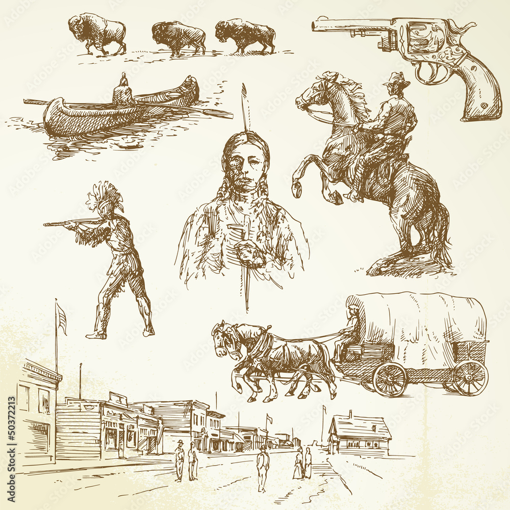 wild west - hand drawn set Stock Vector | Adobe Stock