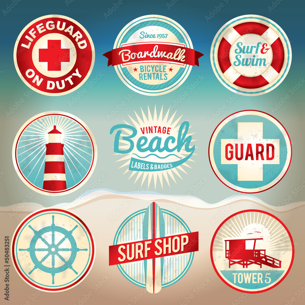 Vintage Beach Labels and Badges Stock Vector | Adobe Stock