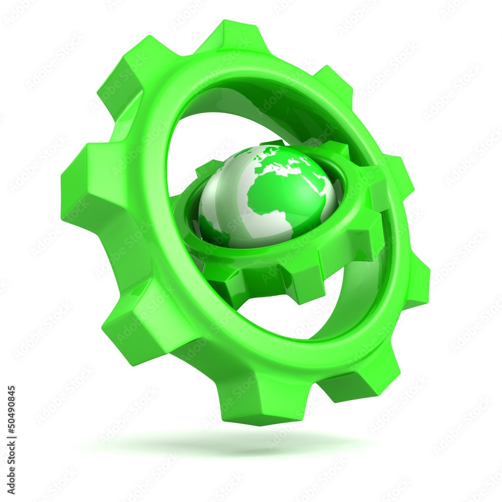 abstract green gears with earth globe concept icon Stock Illustration ...