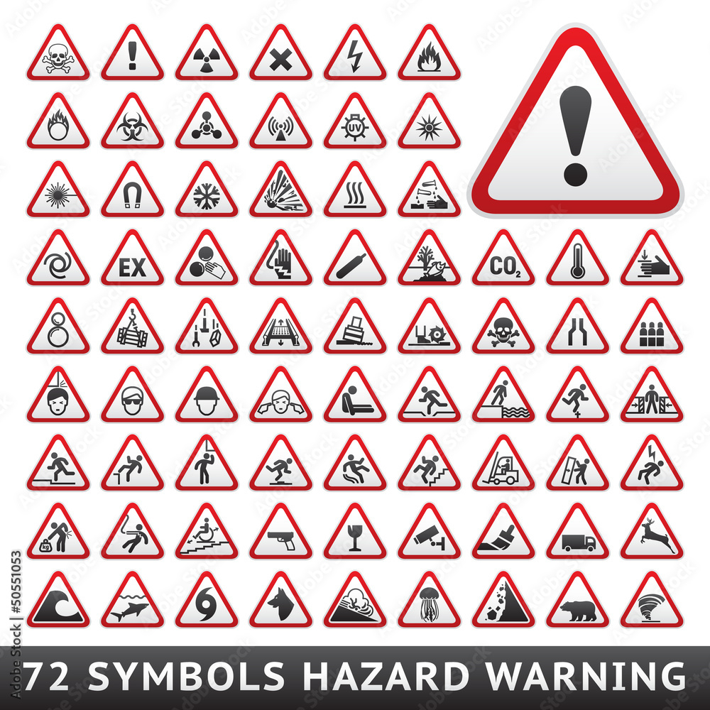 Triangular Warning Hazard Symbols. Big red set Stock Vector | Adobe Stock