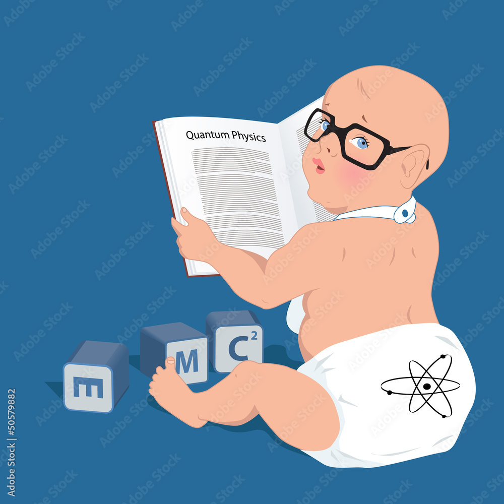 Cute baby in a diaper reading a book on Quantum physics Stock Vector ...