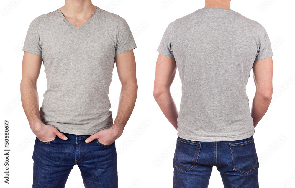 Front and back view of young man wearing blank gray t-shirt Stock Photo ...