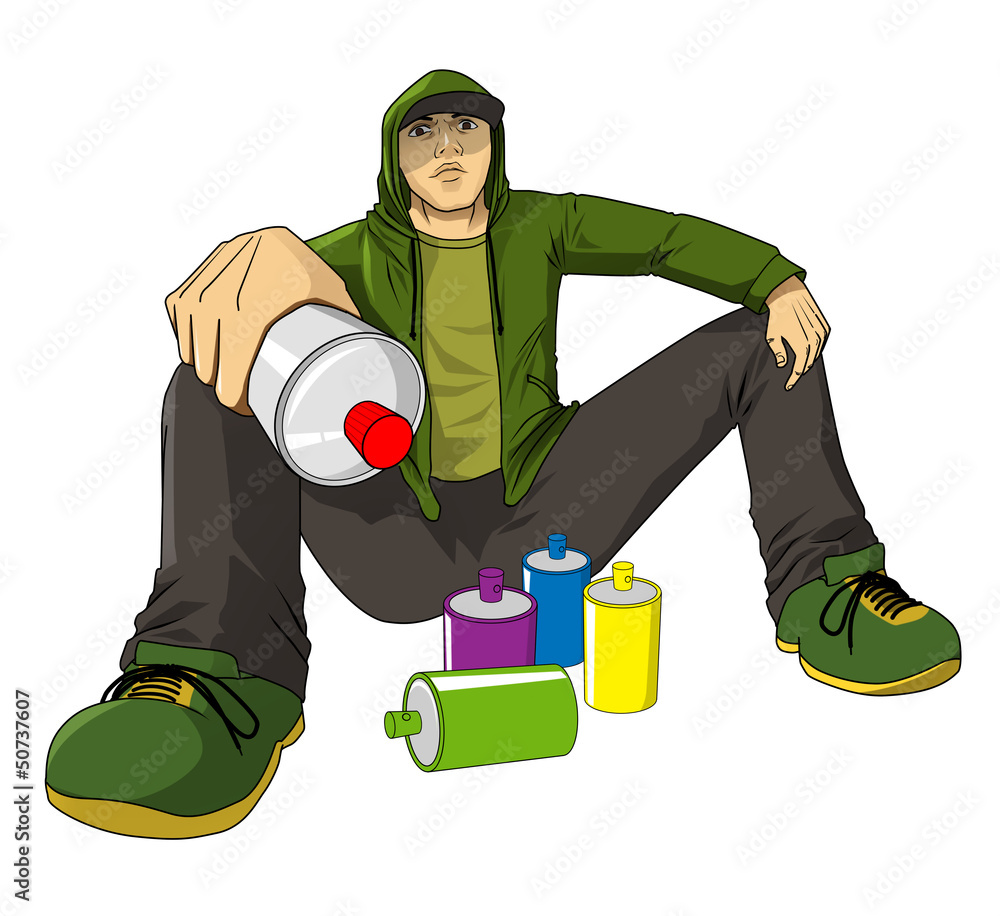 Cartoon illustration of a male figure with spray cans Stock ...