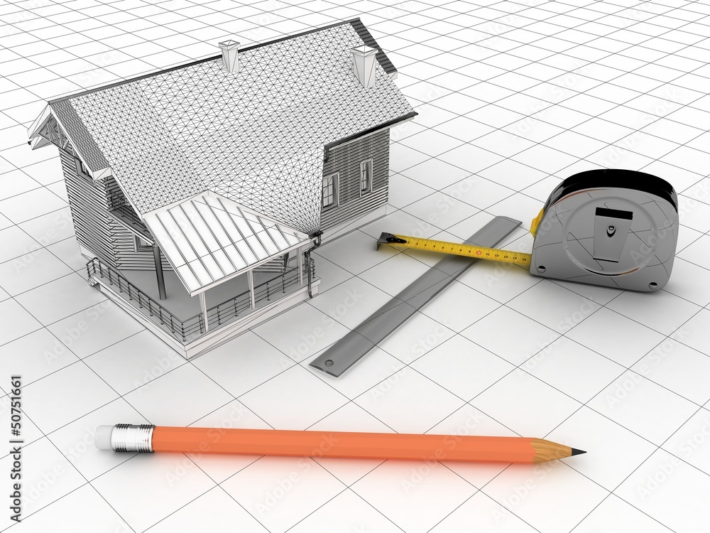 3-d model of a house, a ruler, a tape measure, a pencil Stock ...