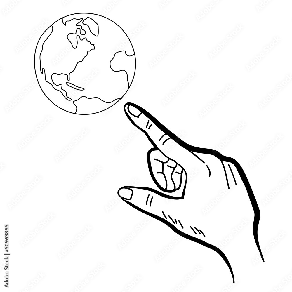 hand drawing hand pointing globe Stock Vector | Adobe Stock