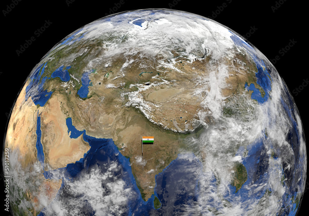 India flag on pole on earth globe illustration Stock Illustration ...