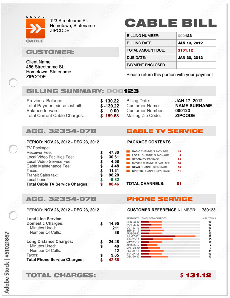 Cable Service Phone Bill Document Sample Template Vector Stock Vector ...