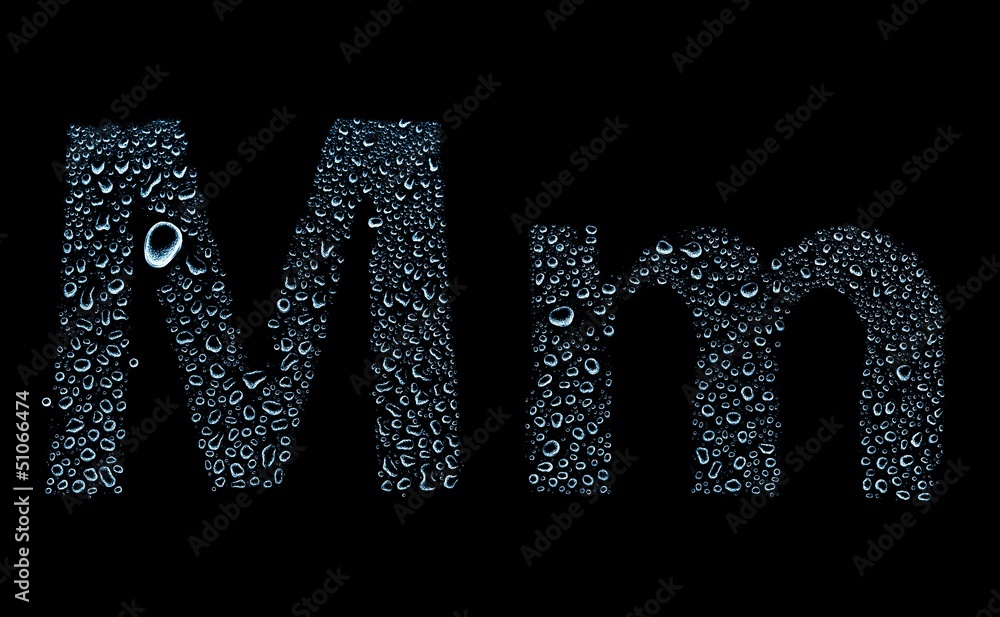 Water drops alphabet letter m, isolated black Stock Photo | Adobe Stock