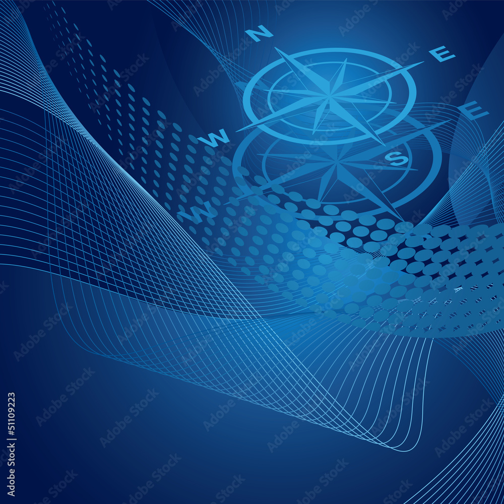 Blue compass on swirls and gradient background Stock Vector | Adobe Stock