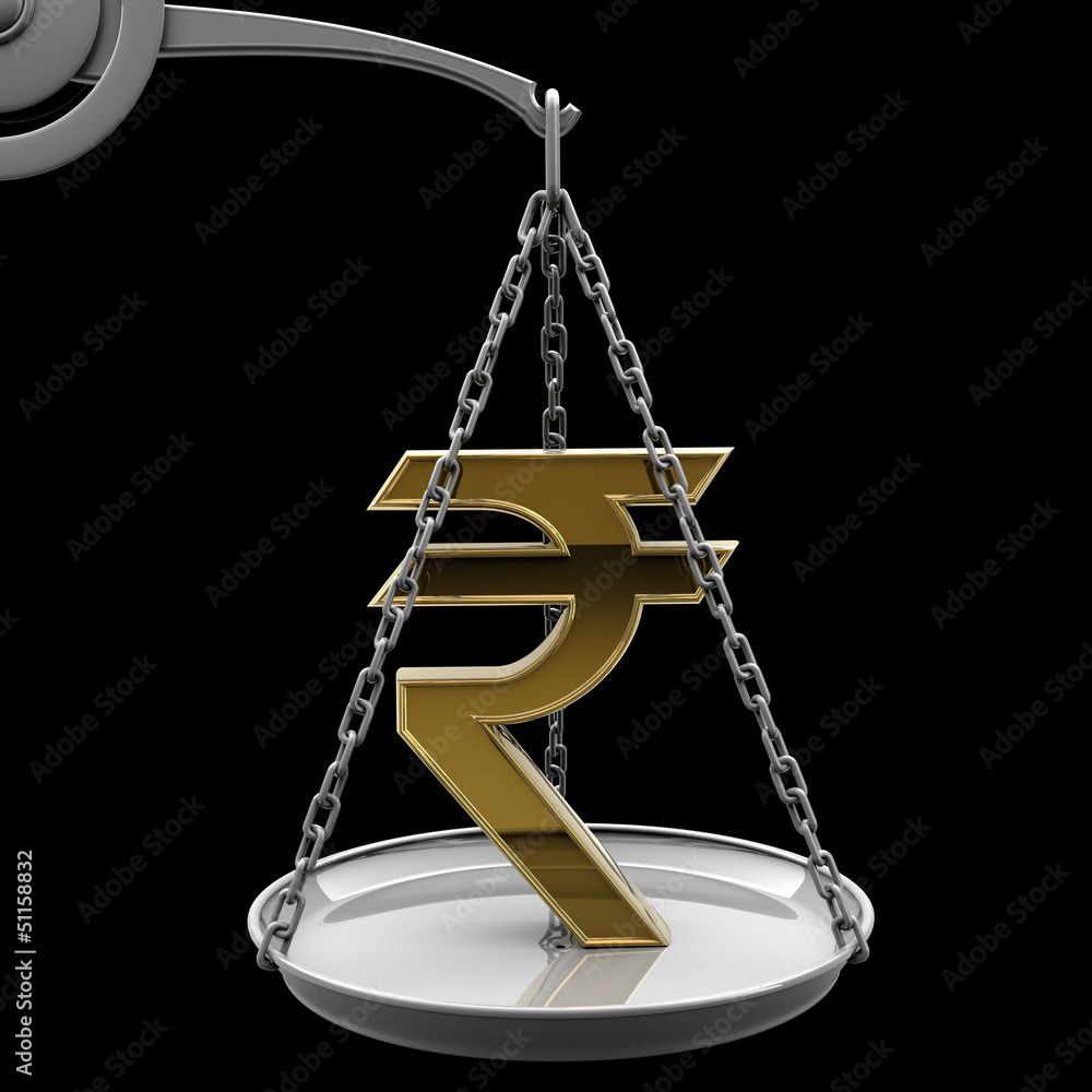 Scale with golden Indian rupee symbol isolated on black background High ...