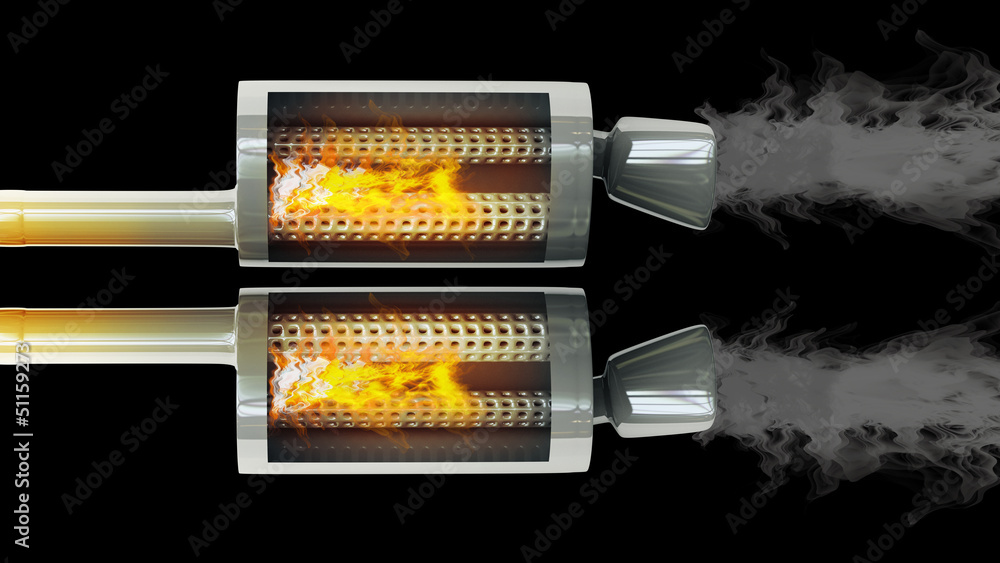 inside. Car Exhaust Pipe fire and smoke isolated on black background ...