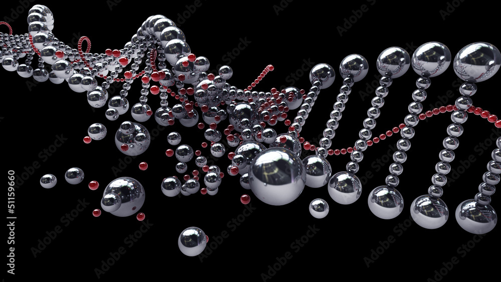 brocken DNA chain model of twisted chrome metal isolated on black ...