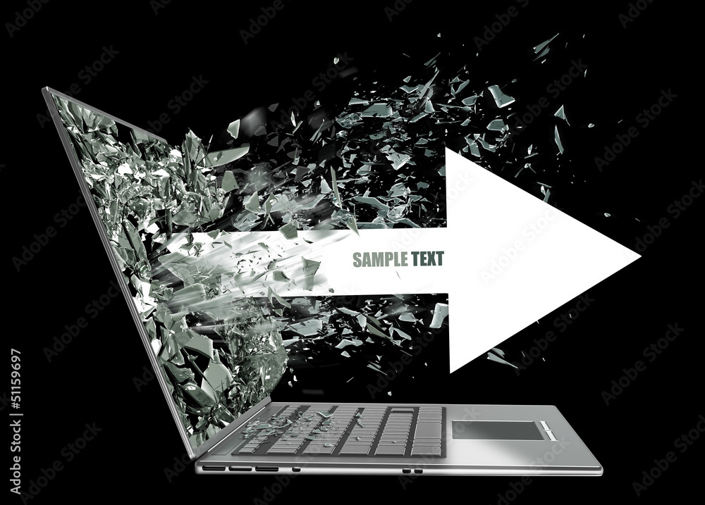 arrow exit by a monitor of laptop screen isolated on black background ...