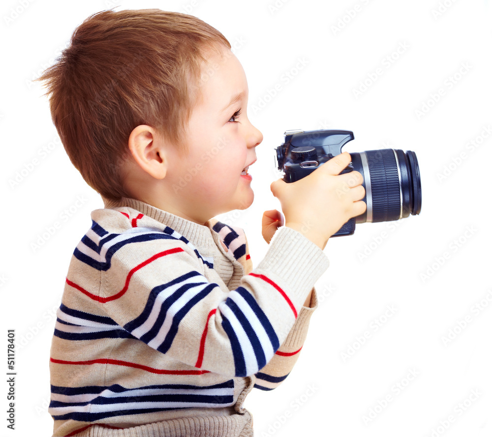 happy child photographer with DSLR camera, isolated Stock Photo | Adobe ...