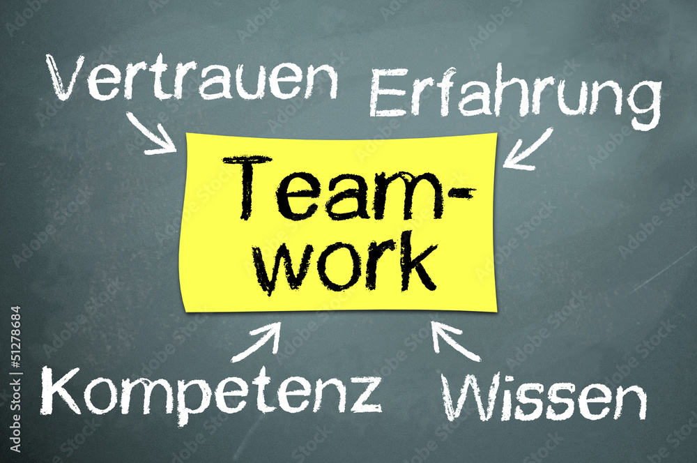Kreidetafel mit Zettel und Teamwork Stock Illustration | Adobe Stock