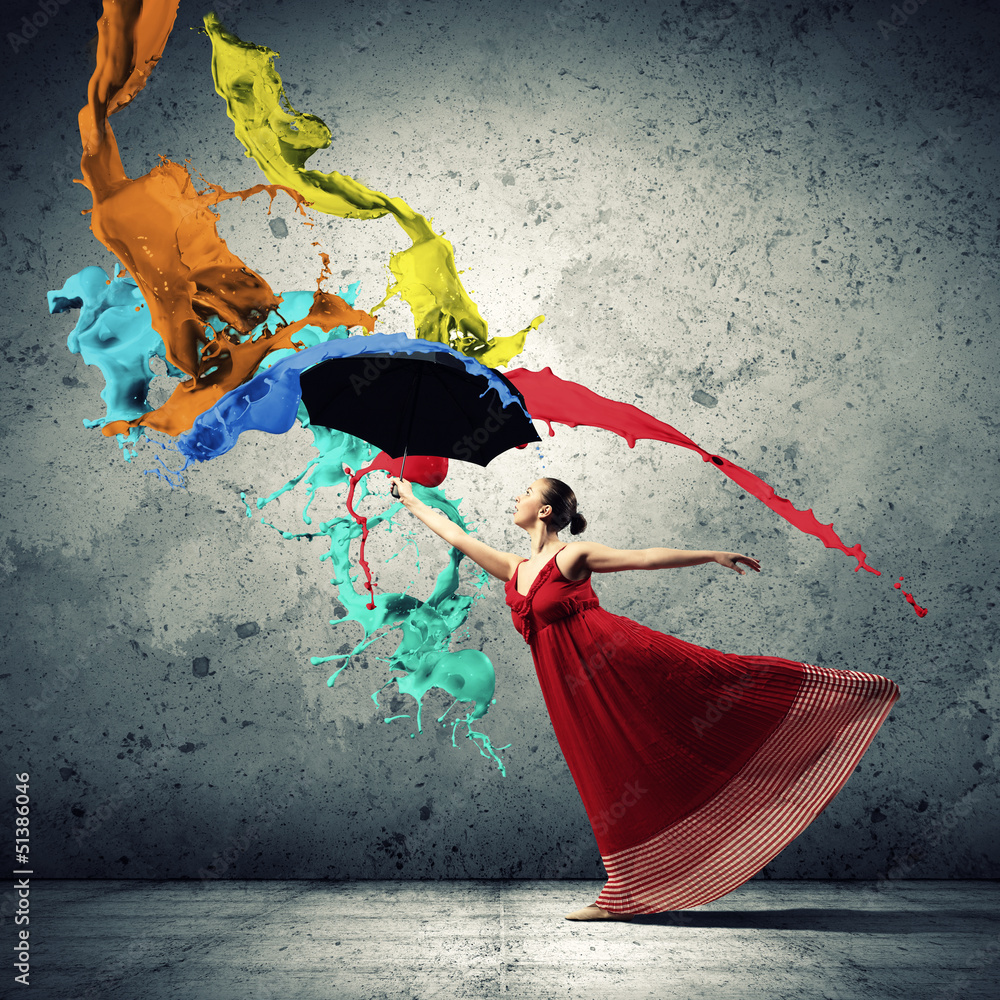 Ballet dancer in flying satin dress with umbrella Stock Photo | Adobe Stock