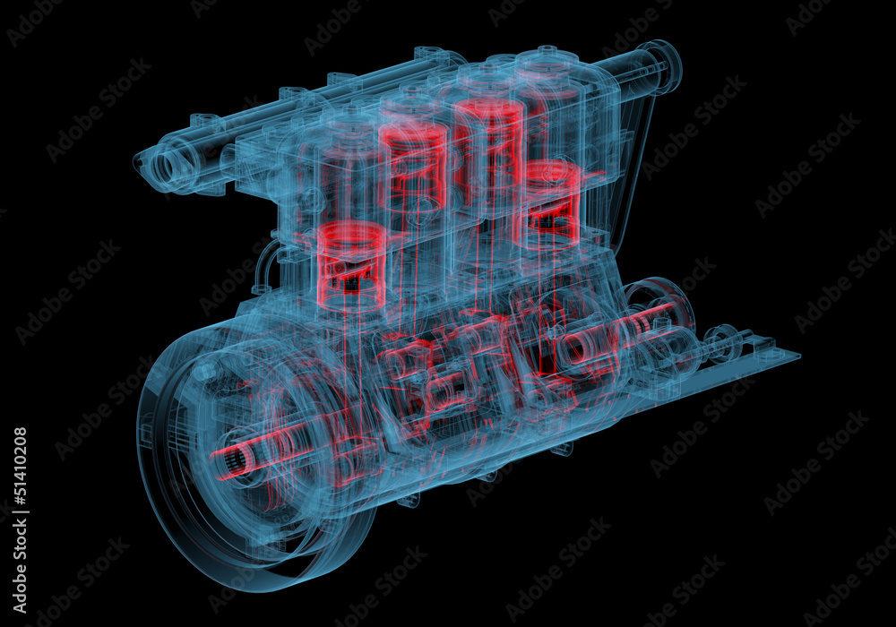 Internal combustion engine (3D xray red and blue transparent) Stock ...