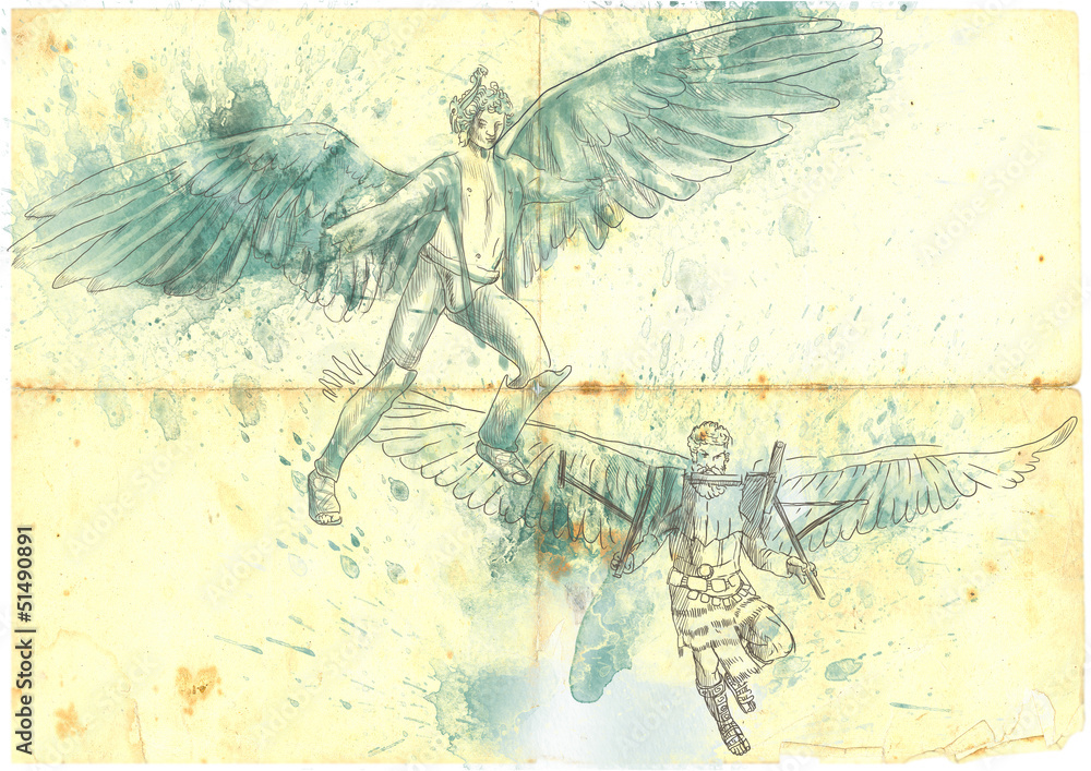 Icarus and Daedalus - full sized hand drawing Stock Illustration ...