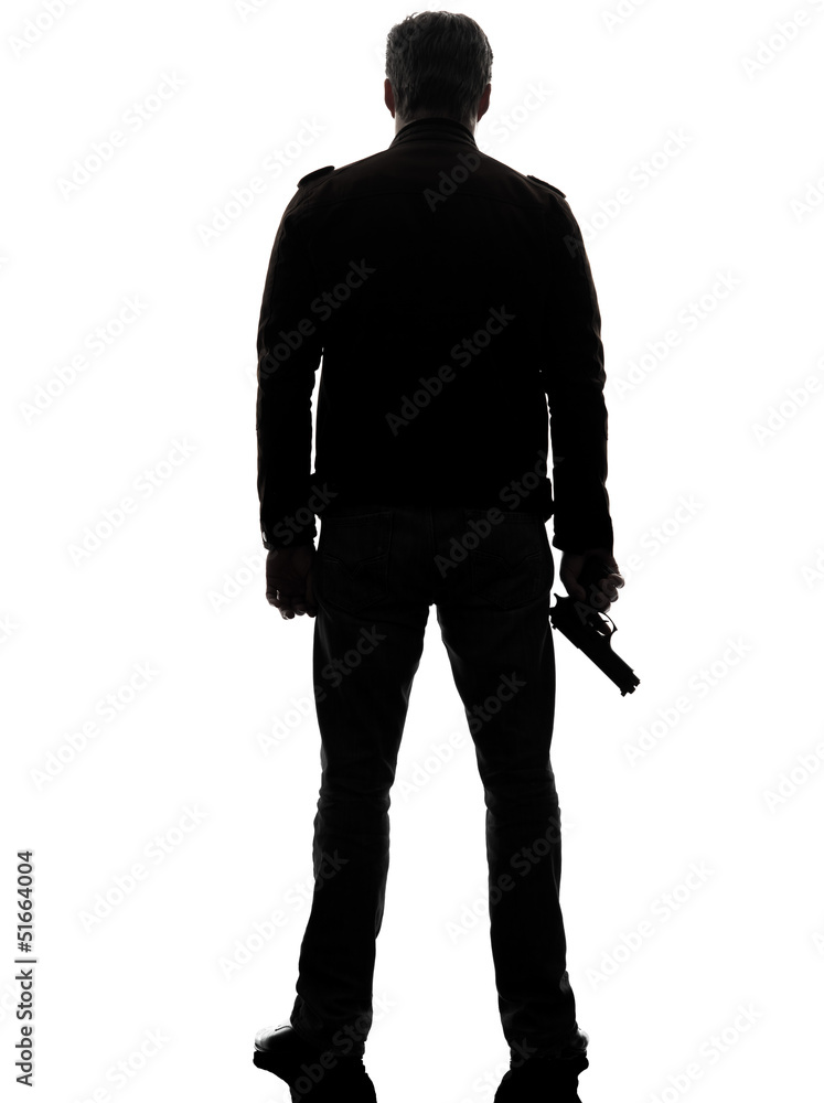 rear view man killer policeman holding gun silhouette Stock Photo ...