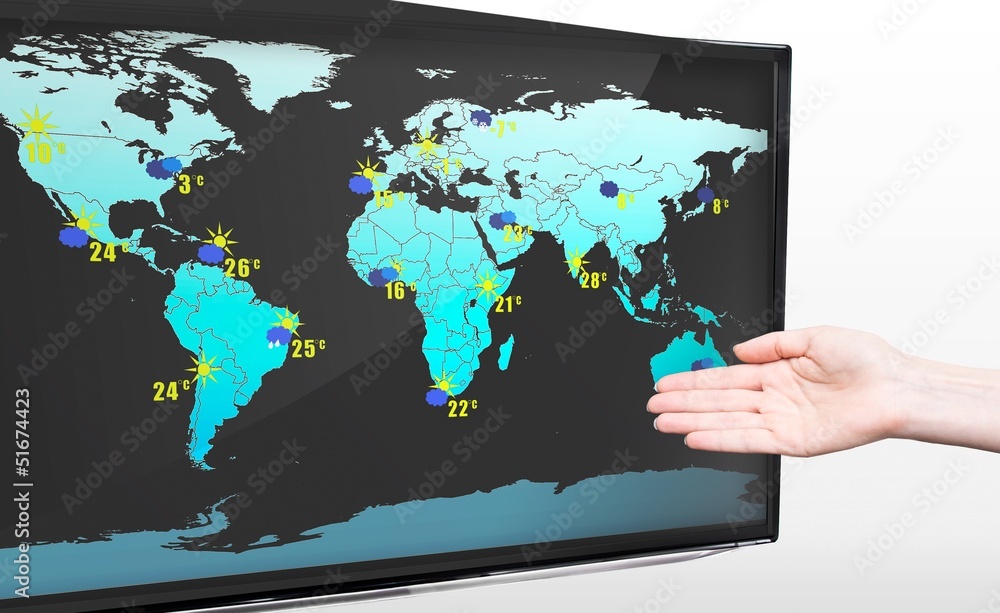 Hand showing weather forecast on modern TV screen Stock Photo | Adobe Stock