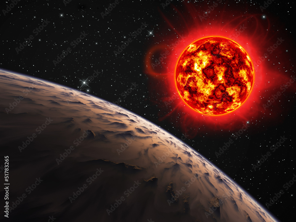 Planet with a red giant sun. Stock Illustration | Adobe Stock