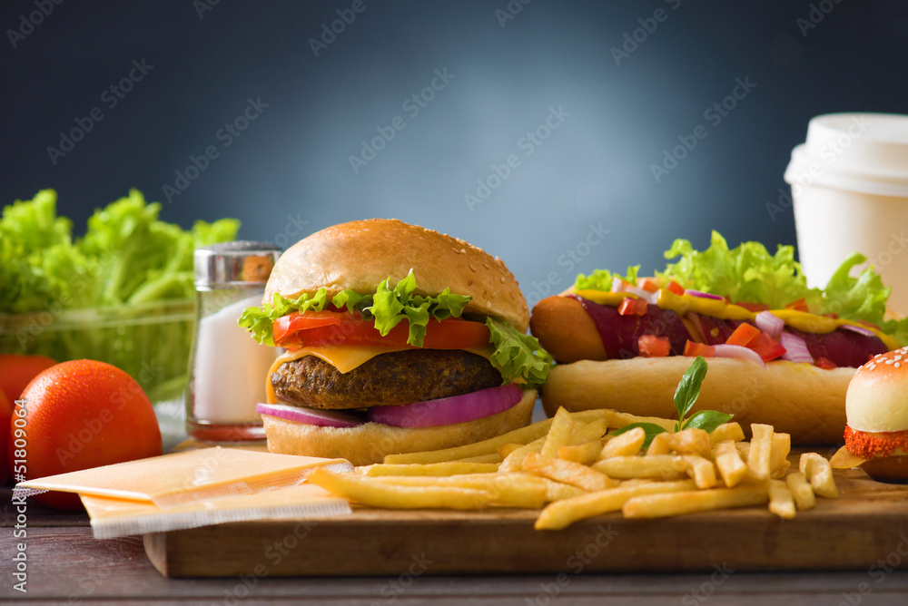 fast food hamburger, hot dog menu with burger, french fries, to Stock ...