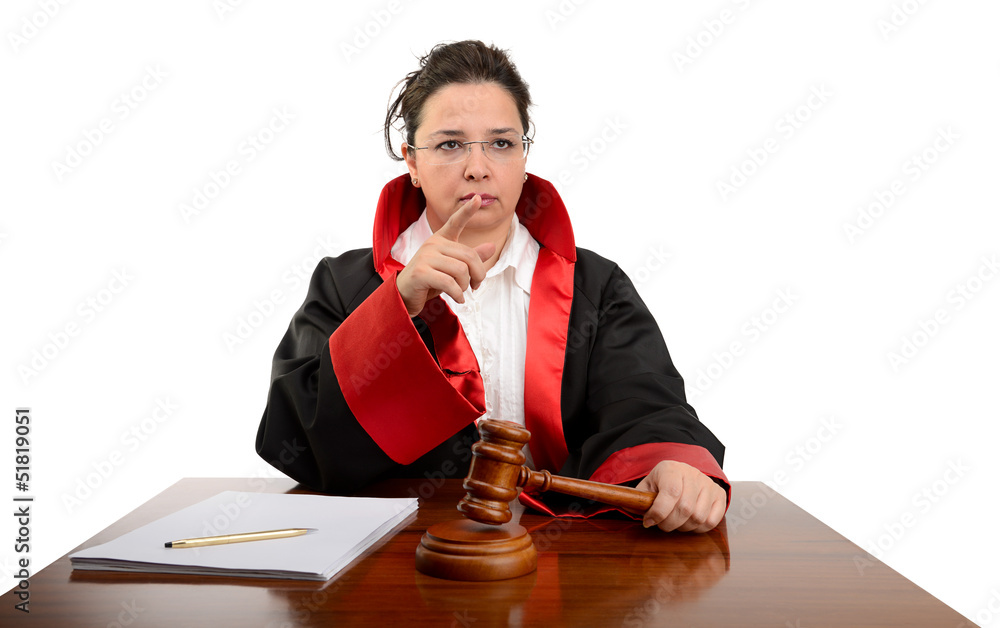 Angry female judge striking the gavel to keep silence Stock Photo ...