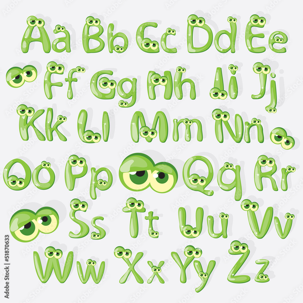 Cartoon green alphabet with eyes Stock Illustration | Adobe Stock