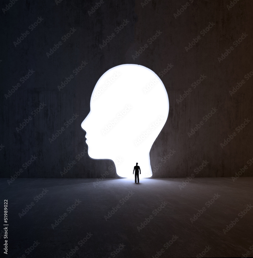 Man walking into a head-shaped opening in a wall Stock Illustration ...