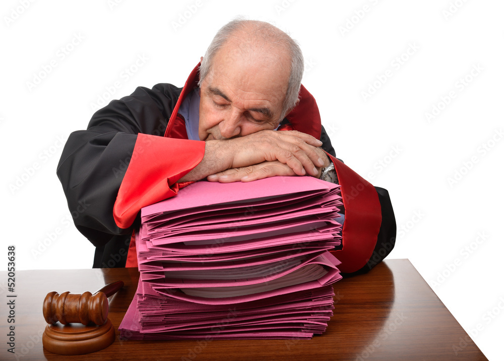 Exhausted senior adult judge sleeping on stack of law files Stock-Foto ...